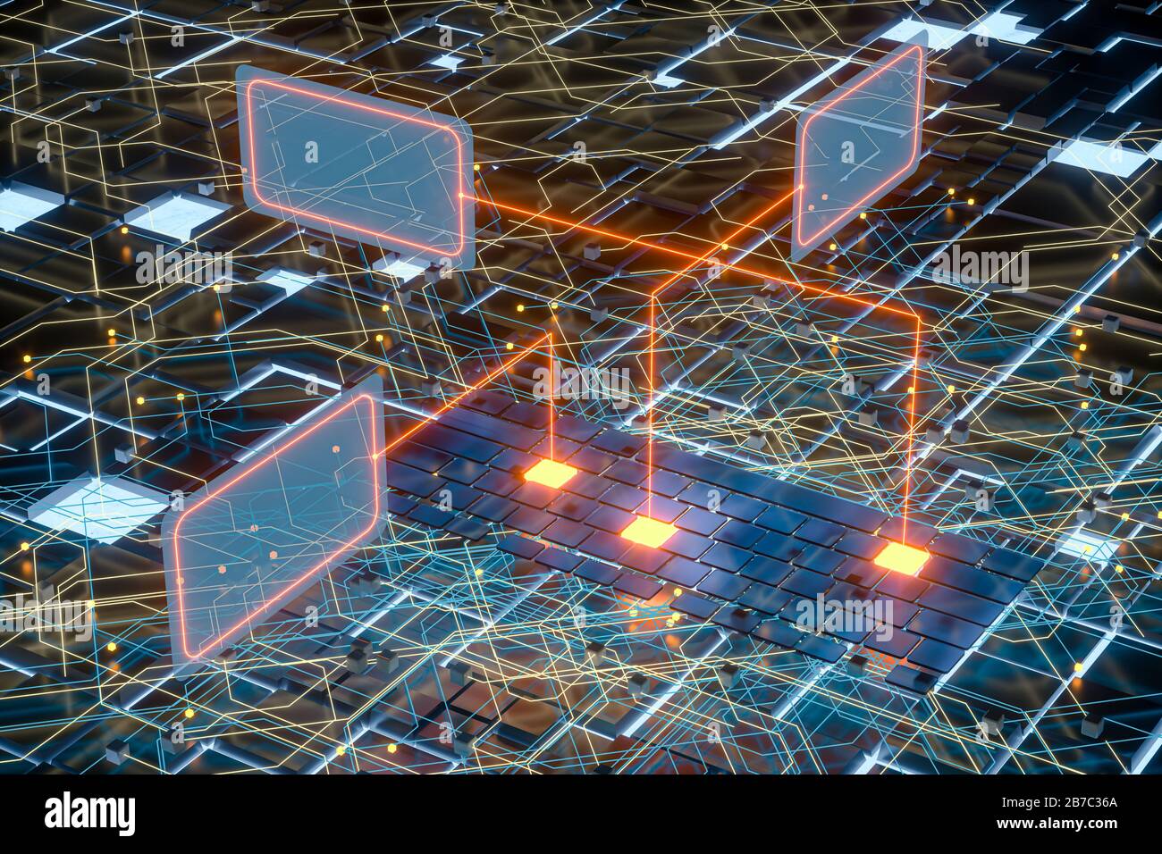 Circuit board and current data, data background, 3d rendering. Computer ...