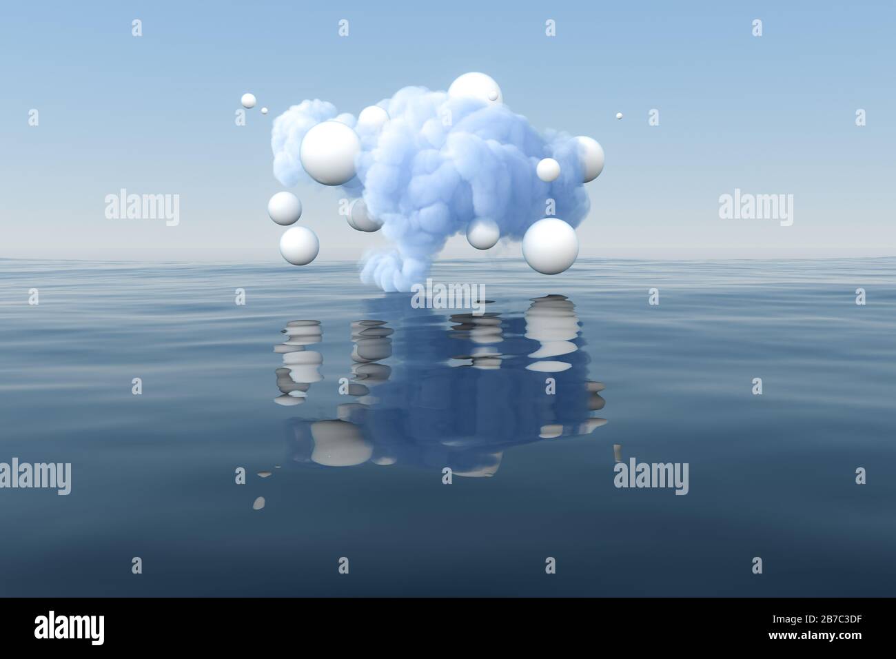 Cloud and geometric figure floating on the lake, 3d rendering. Computer ...