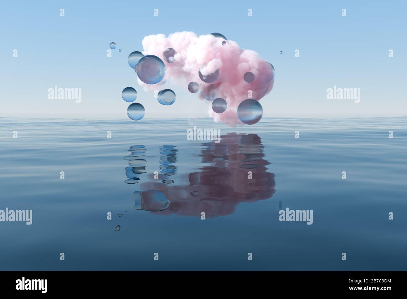 Cloud and geometric figure floating on the lake, 3d rendering. Computer ...
