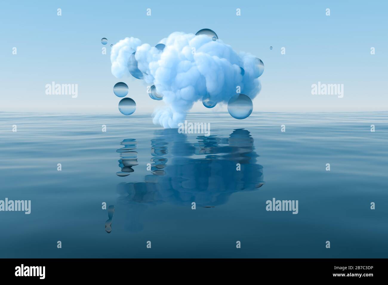 Cloud and geometric figure floating on the lake, 3d rendering. Computer ...