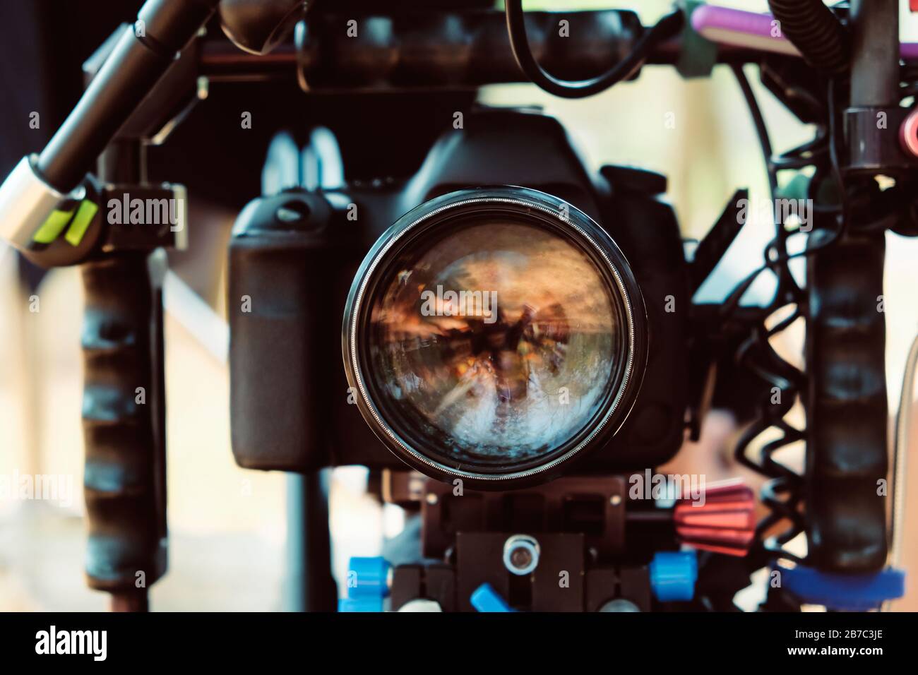 Film industry. Filming with professional camera background Stock Photo ...