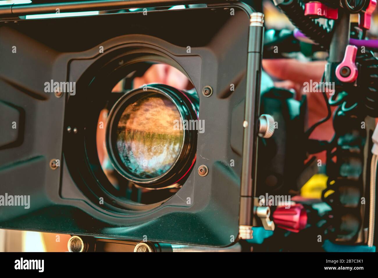 Film industry. Filming with professional camera background Stock Photo ...