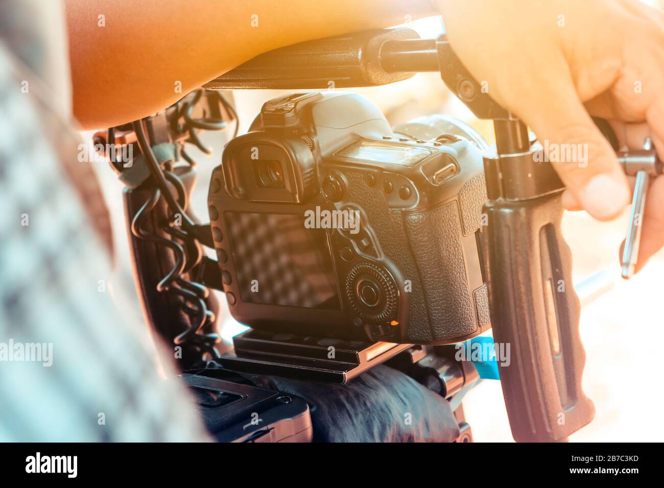 Film industry. Filming with professional camera background Stock Photo ...