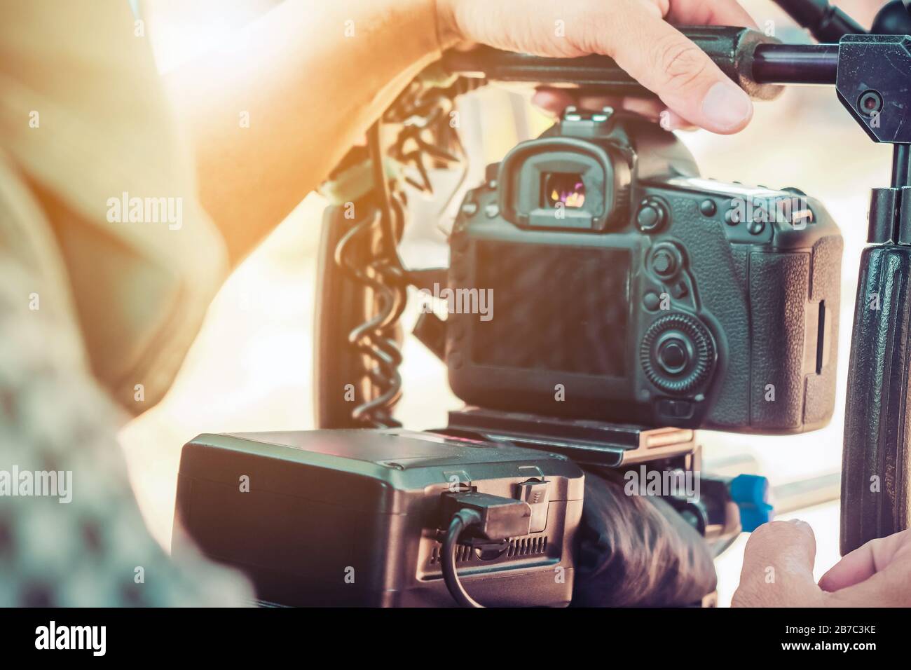 Film industry. Filming with professional camera background Stock Photo ...