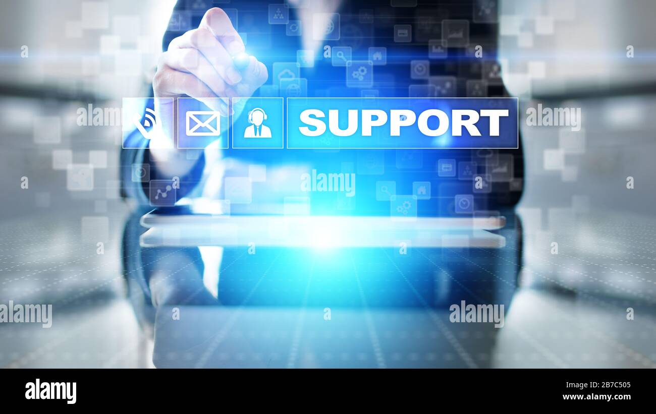 Support button on virtual screen. Customer service and communication ...