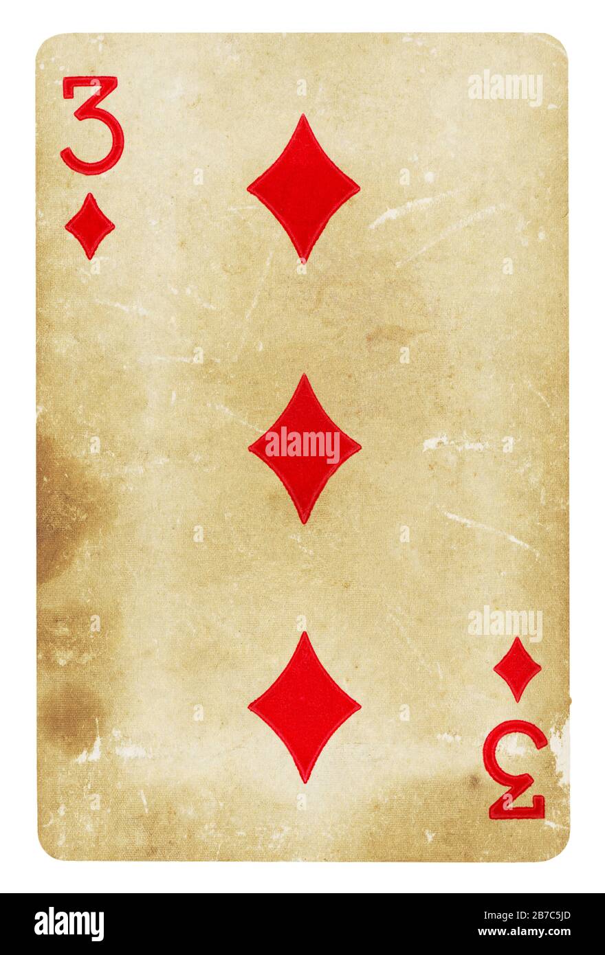 Three of Diamond Vintage playing card - isolated on white (clipping ...