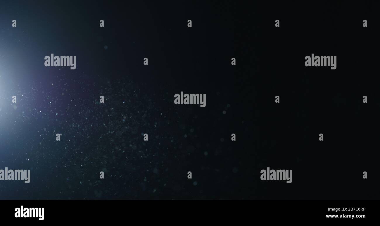 natural dust particles flow in air on black background, wide photo ...