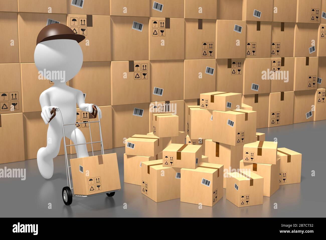 Warehouse, packages, cartoon character - 3D rendering Stock Photo - Alamy