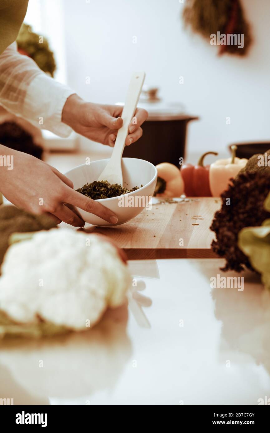 Unknown human hands cooking in kitchen. Woman is busy with vegetable ...
