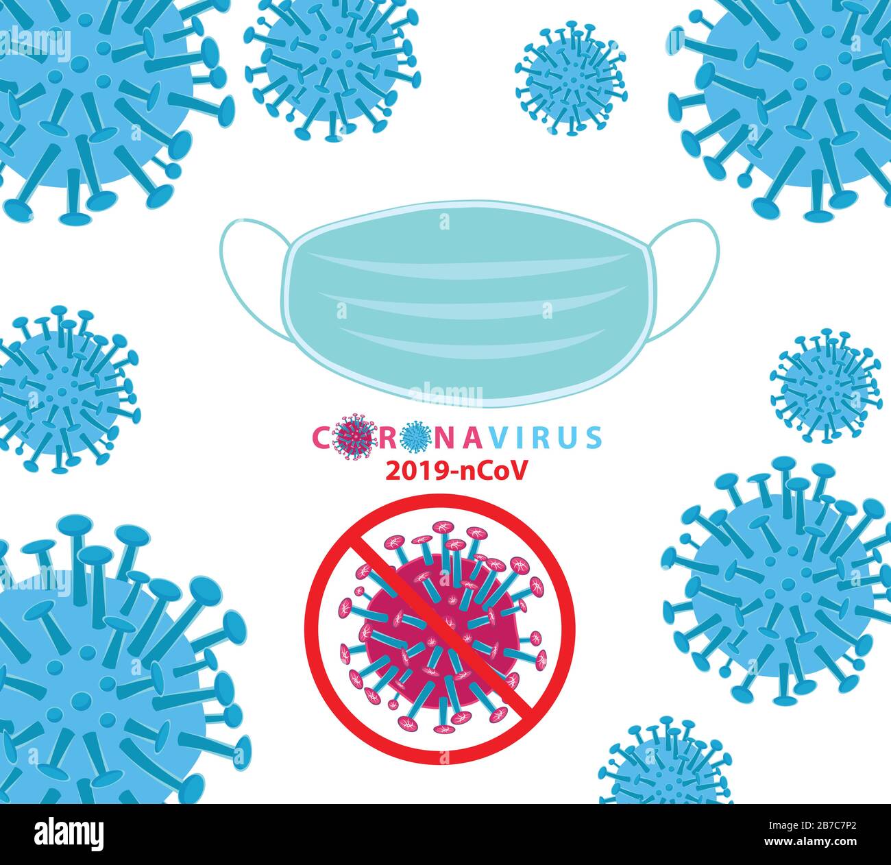 Corona virus with red stop sign and mask on white background. Pandemic ...