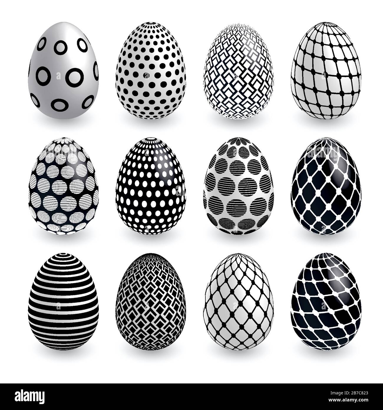 Black white Easter eggs wtth geometry patterns on white background ...