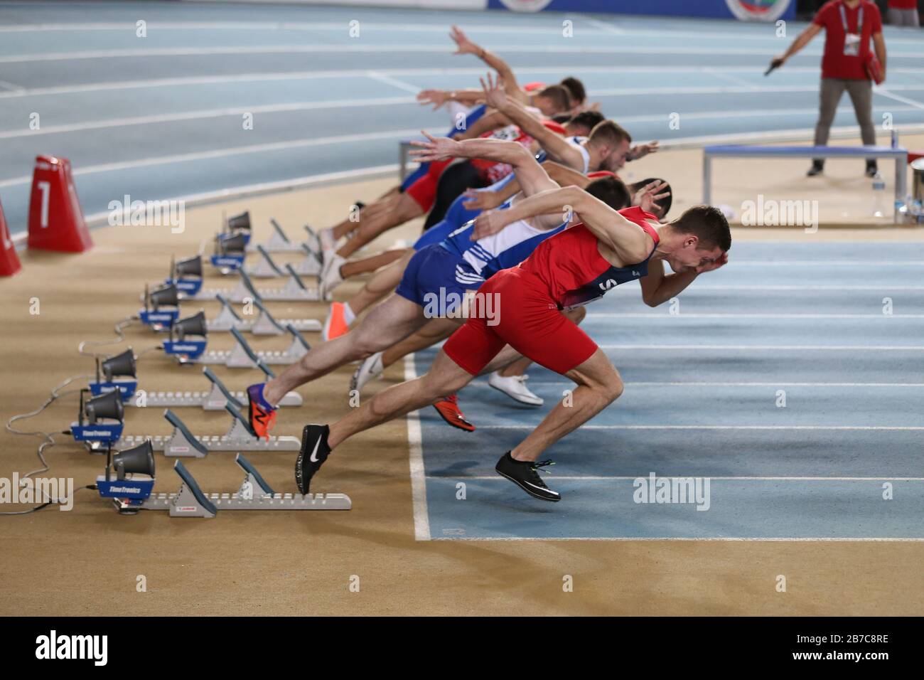 ISTANBUL, TURKEY - FEBRUARY 15, 2020: Athletes running 60 metres during ...