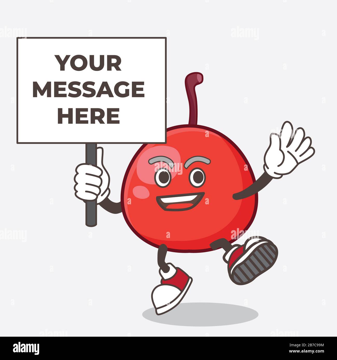 A picture of Red Berry cartoon mascot character with board sign message ...