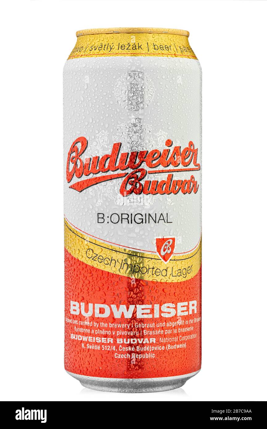 Ukraine, Kiev - March 02. 2020: Aluminium cold Budweiser Budvar lager ...
