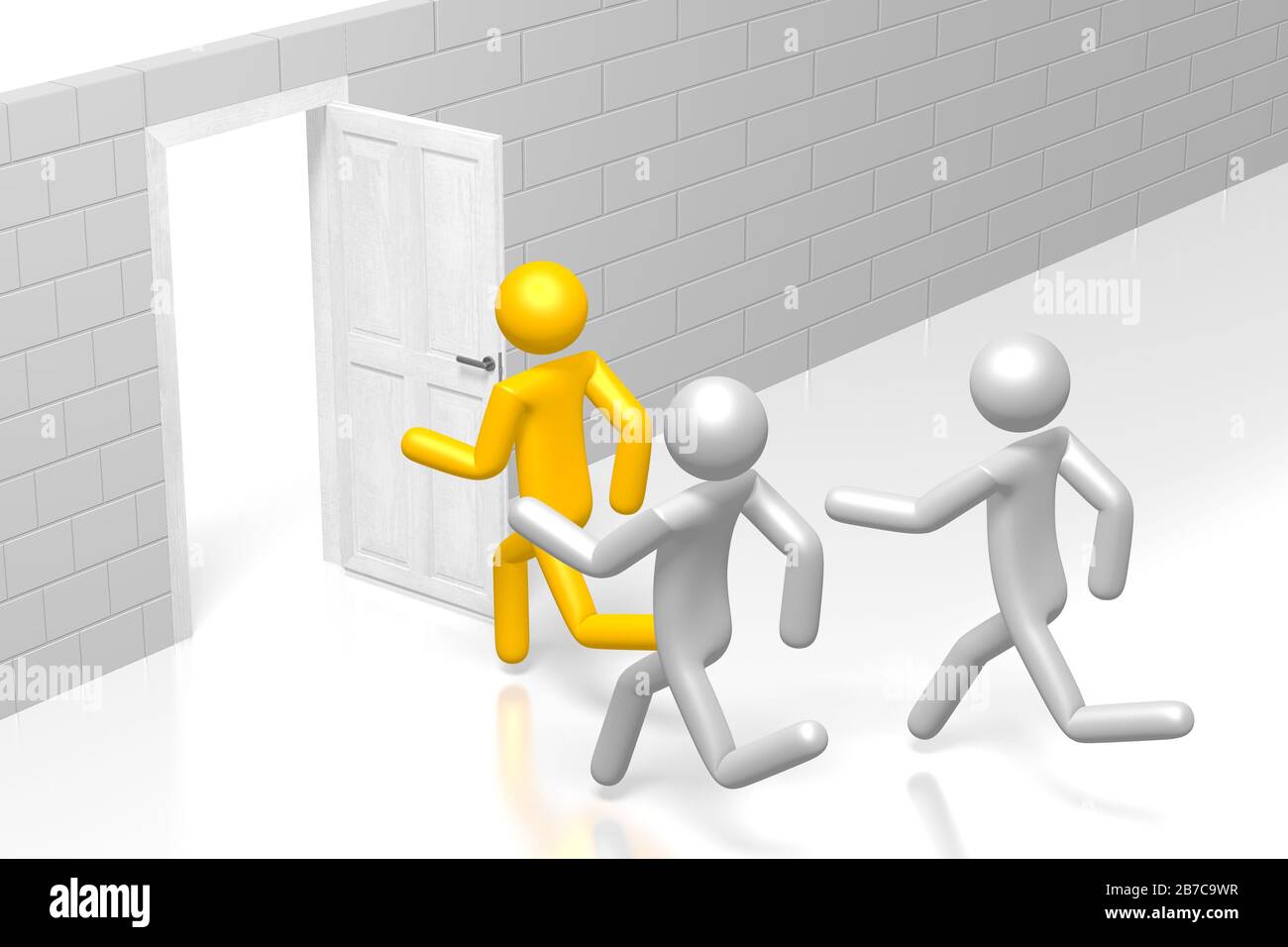 3D running cartoon characters, door, wall - competition concept Stock ...