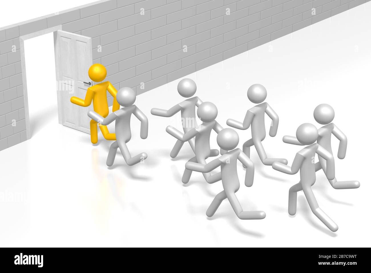 3D running cartoon characters, door, wall - competition concept Stock ...