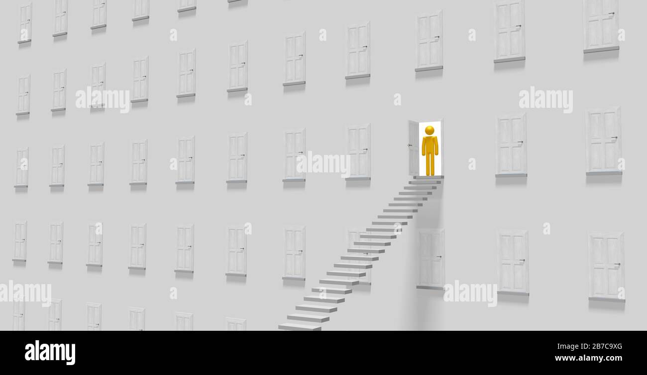 3D cartoon character, steps, doors Stock Photo - Alamy