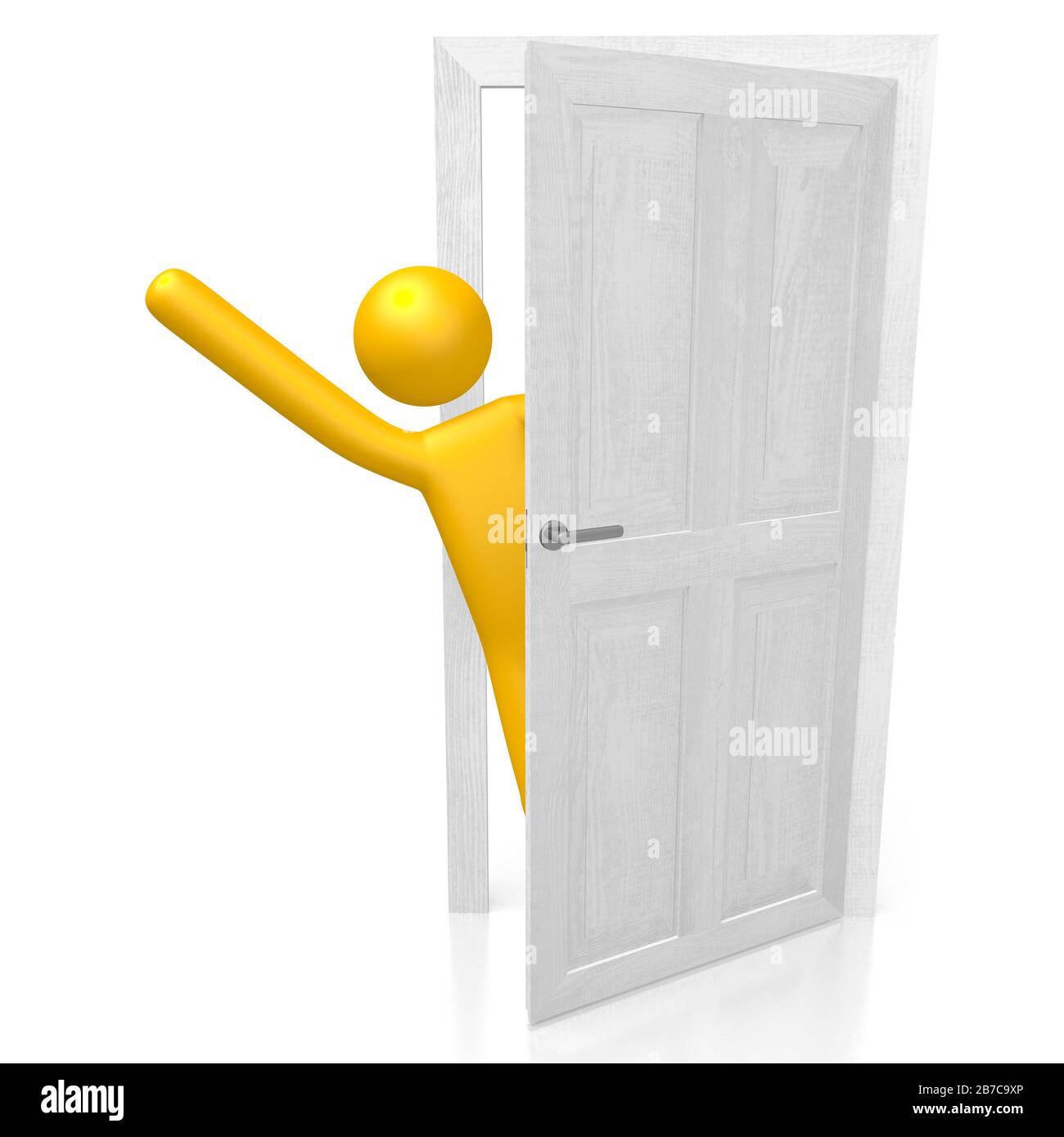 3D cartoon character opens a door - welcome concept Stock Photo - Alamy