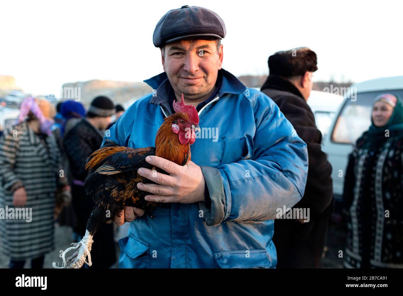 Man holding his rooster at the morning cattle market in a village near ...