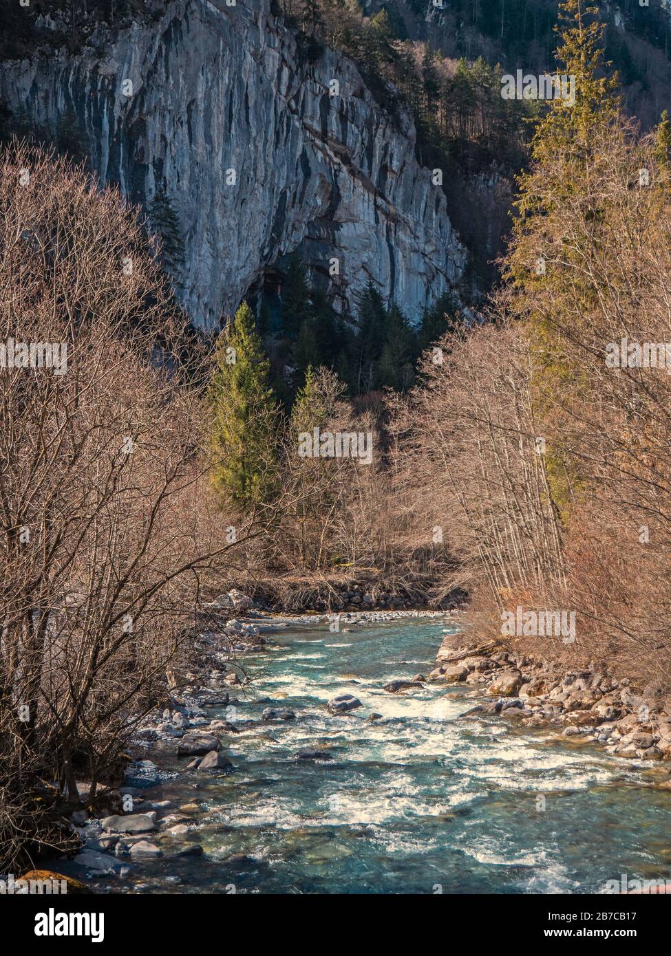 A glacier melt alpine river quickly flows through a a picturesque ...