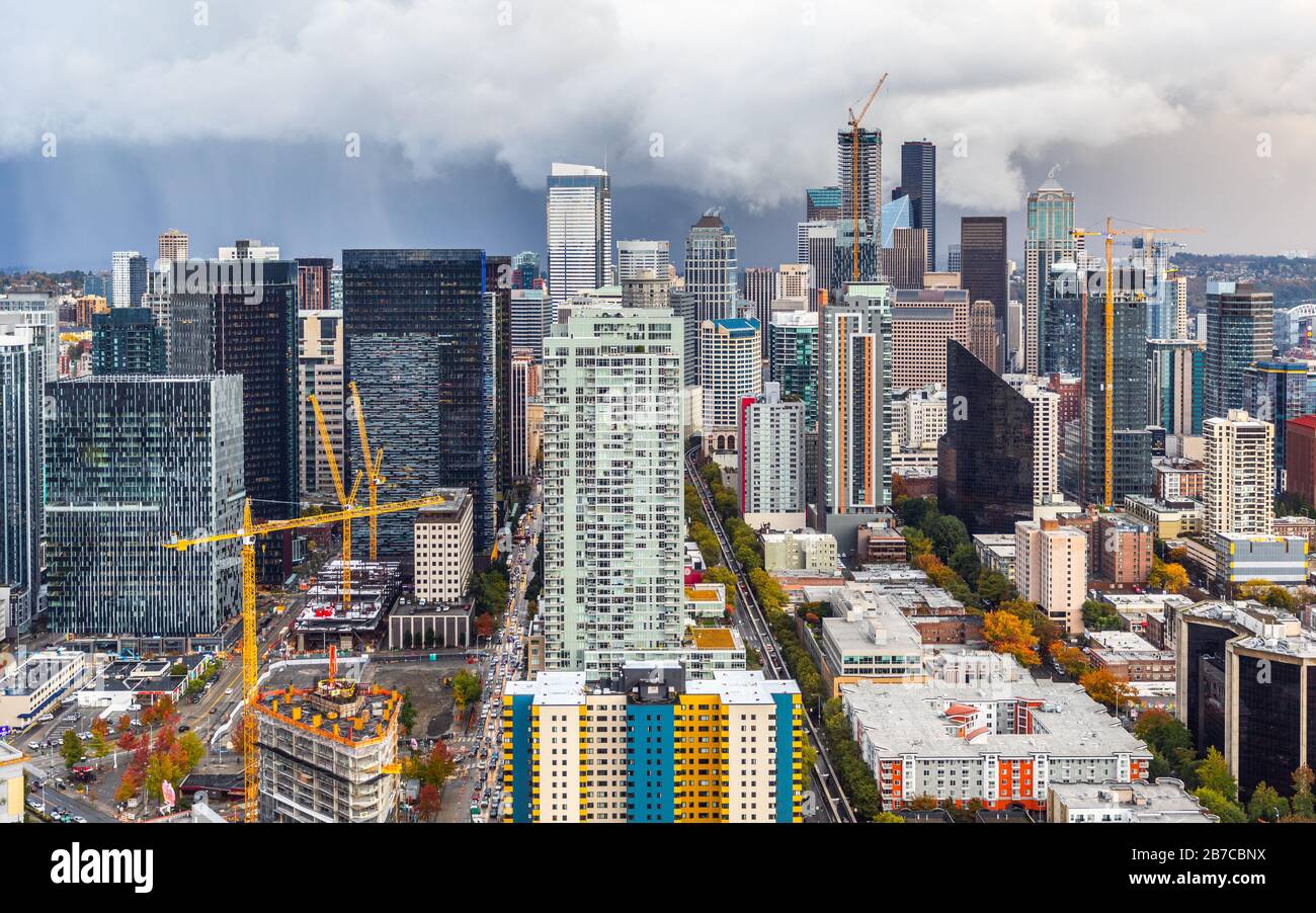 Seattle, Washington, USA - October 9, 2019: Aerial view of downtown in ...