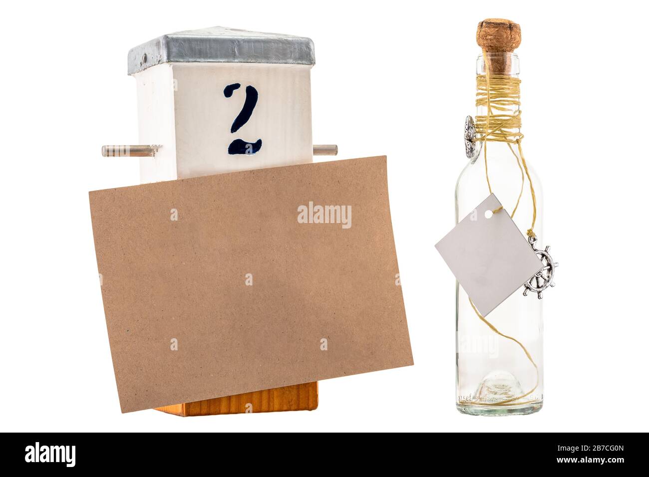 White pole with number "2" on it with a box for text and a glass bottle ...