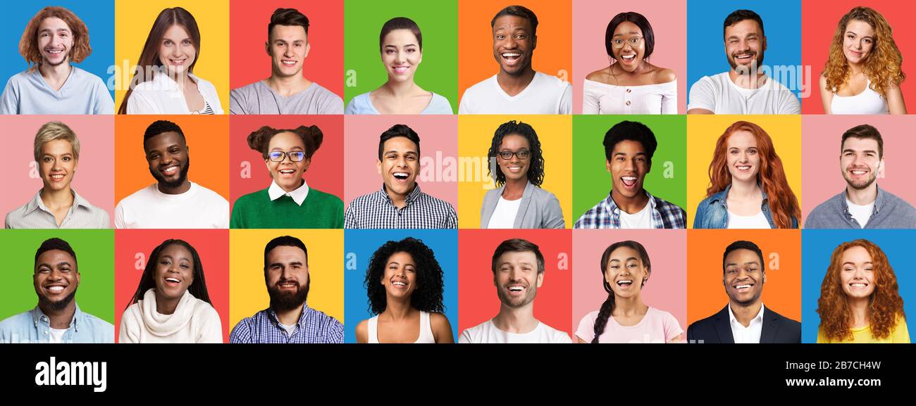 Set Of Happy Young People Portraits On Bright Colorful Backgrounds ...