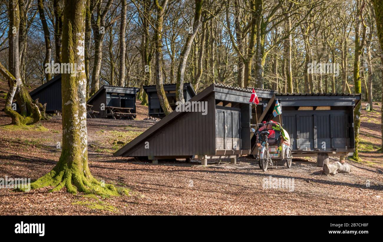 Black shelters are in the woods. homeless man's bike stands in front of ...