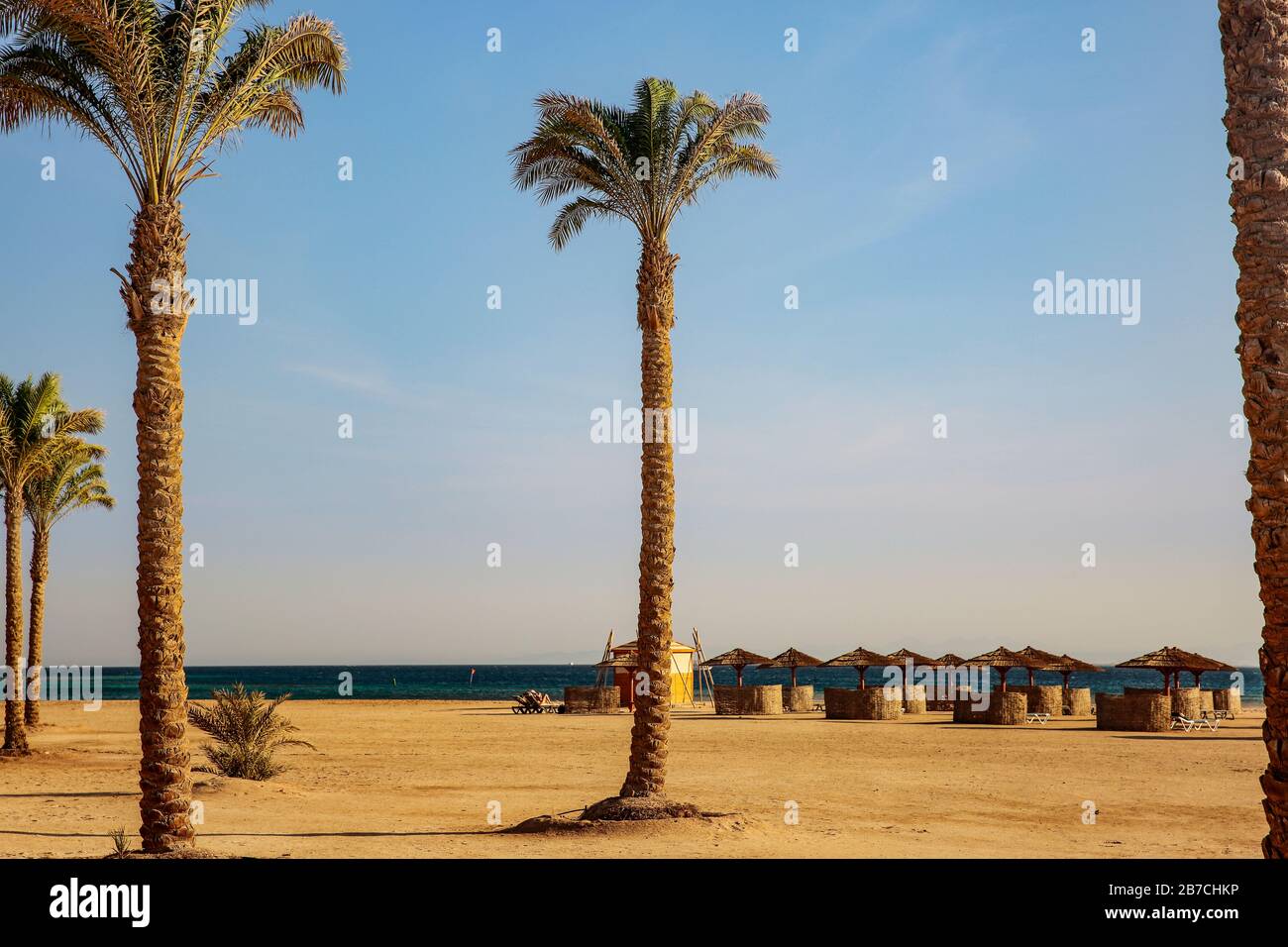 Sunny sandy beach in summer time with sea and blue sky background Stock ...