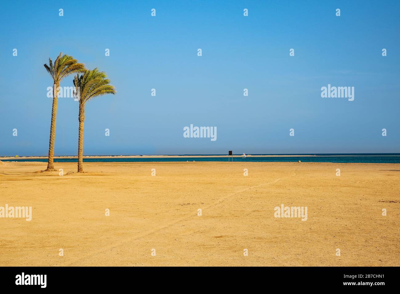 Sunny sandy beach in summer time with sea and blue sky background Stock ...