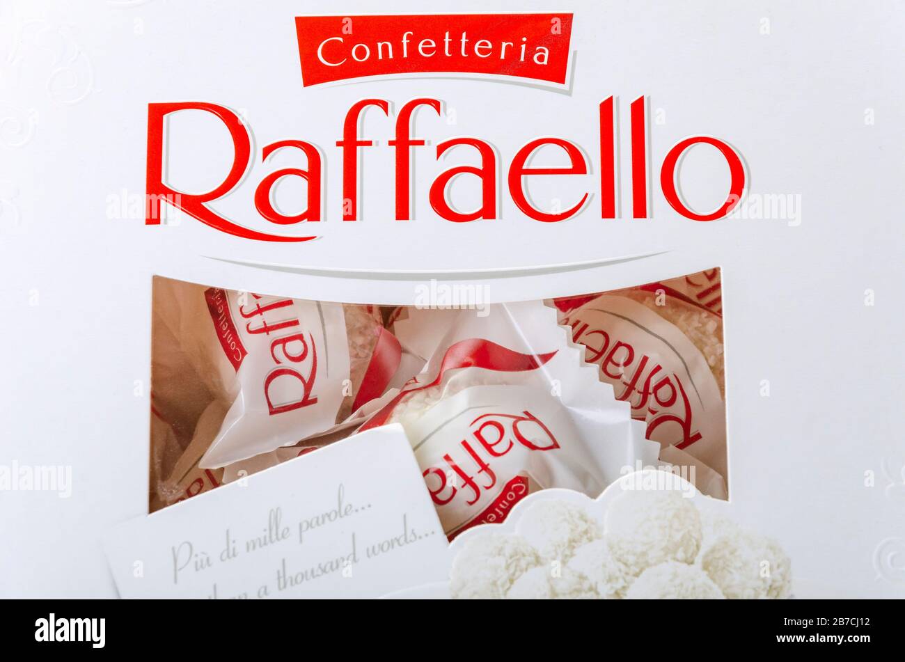 Raffaello ball shaped candies. Raffaello is manufactured by Italian ...