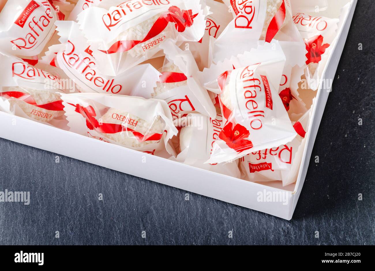 Raffaello ball shaped candies. Raffaello is manufactured by Italian ...