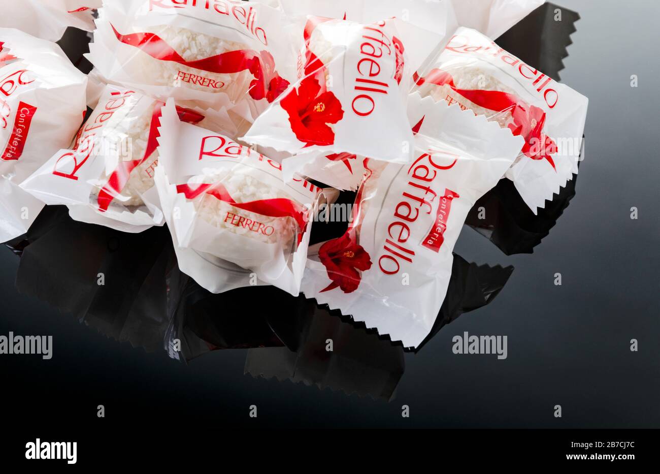 Raffaello ball shaped candies. Raffaello is manufactured by Italian ...