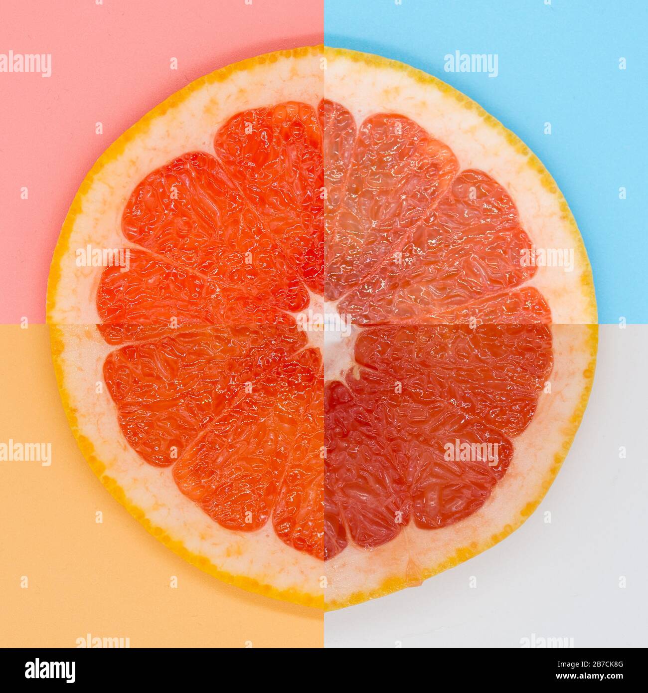 Four quarters of grapefruit on various colored backgrounds arranged ...