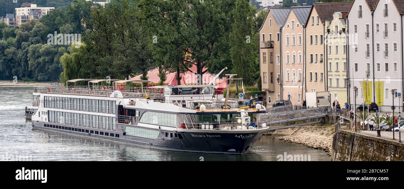 PASSAU, GERMANY - JULY12, 2019: The river cruise ship Monarch Princess ...