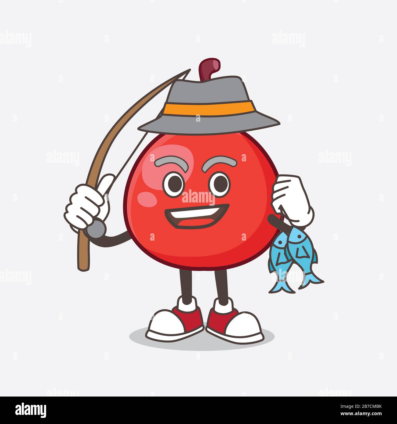 A picture of Red Berry cartoon mascot character fishing with 2 fishes ...