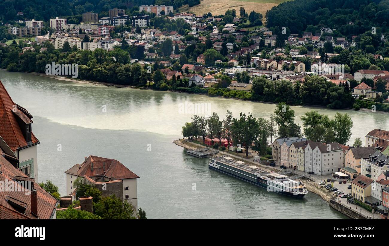PASSAU, GERMANY - JULY12, 2019: The confluence of the River Inn and the ...