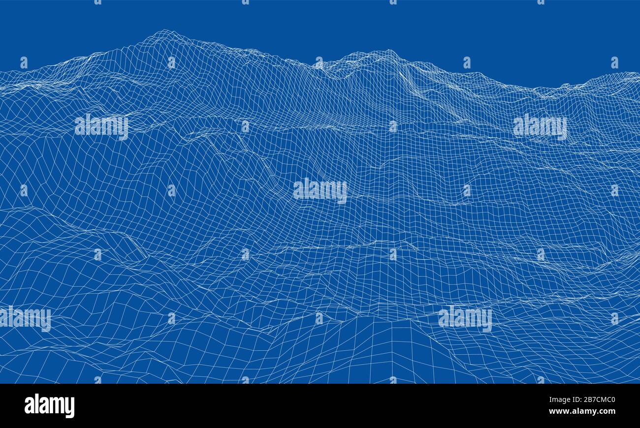 Abstract 3d wire-frame landscape. Blueprint style. Vector rendering ...