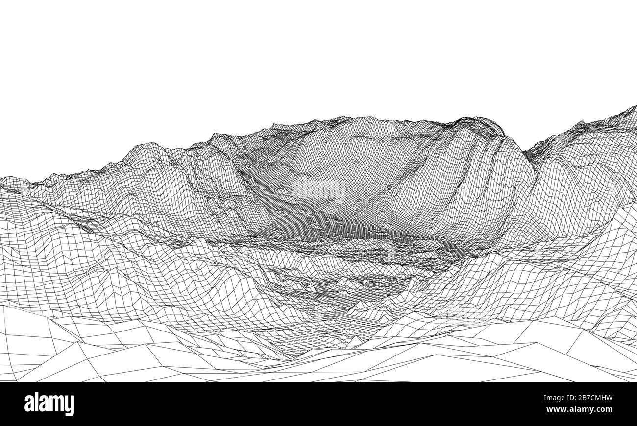 Abstract 3d wire-frame landscape. Blueprint style. Vector rendering ...