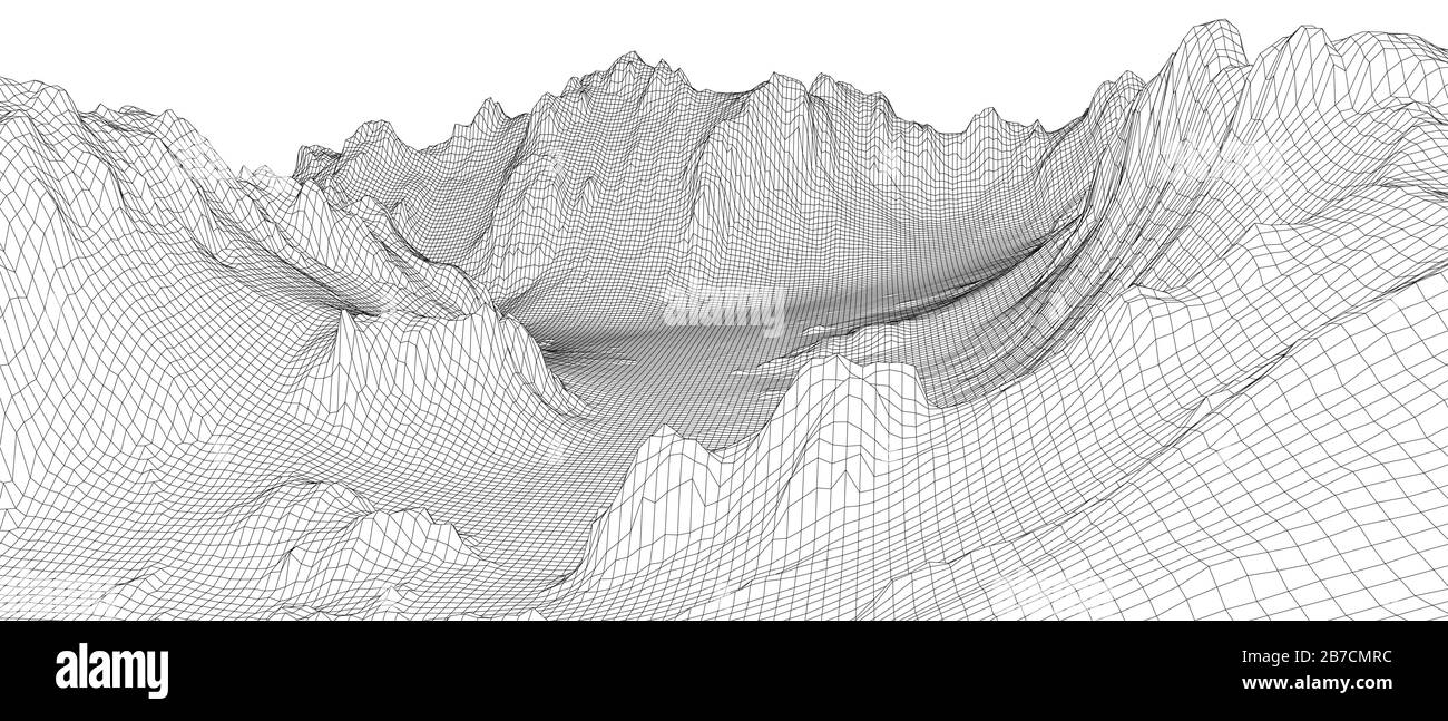 Abstract 3d wire-frame landscape. Blueprint style. Vector rendering ...