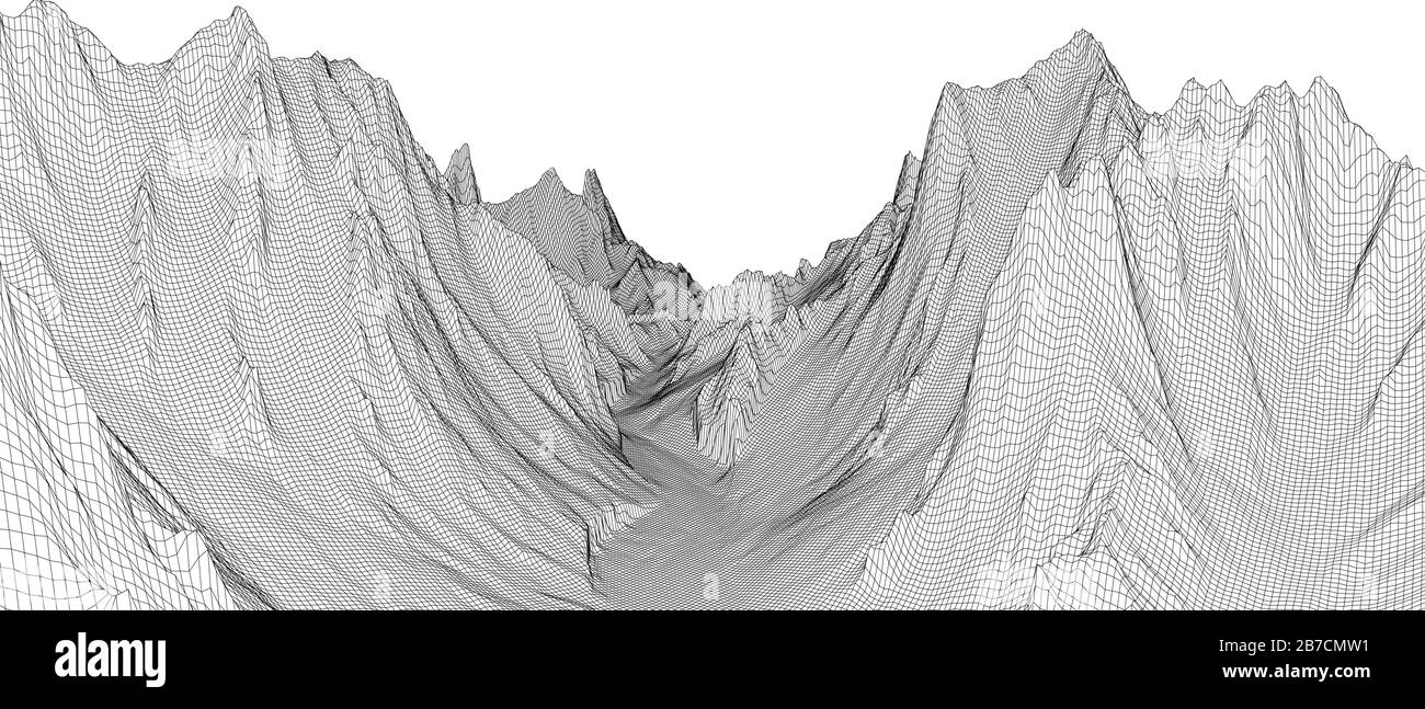 Abstract 3d wire-frame landscape. Blueprint style. Vector rendering ...