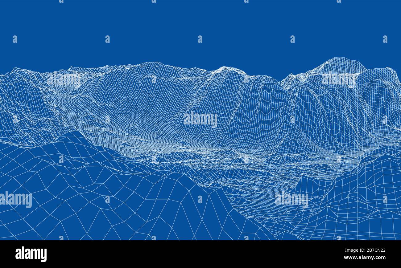 Abstract 3d wire-frame landscape. Blueprint style. Vector rendering ...