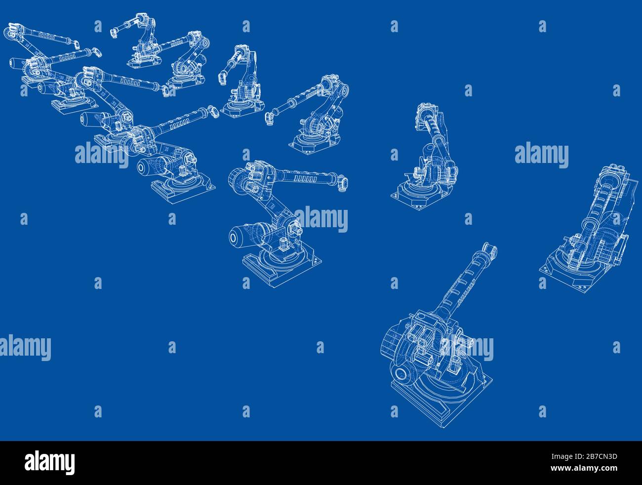 A industral robots manipulators. Blueprint style. Vector rendering from ...