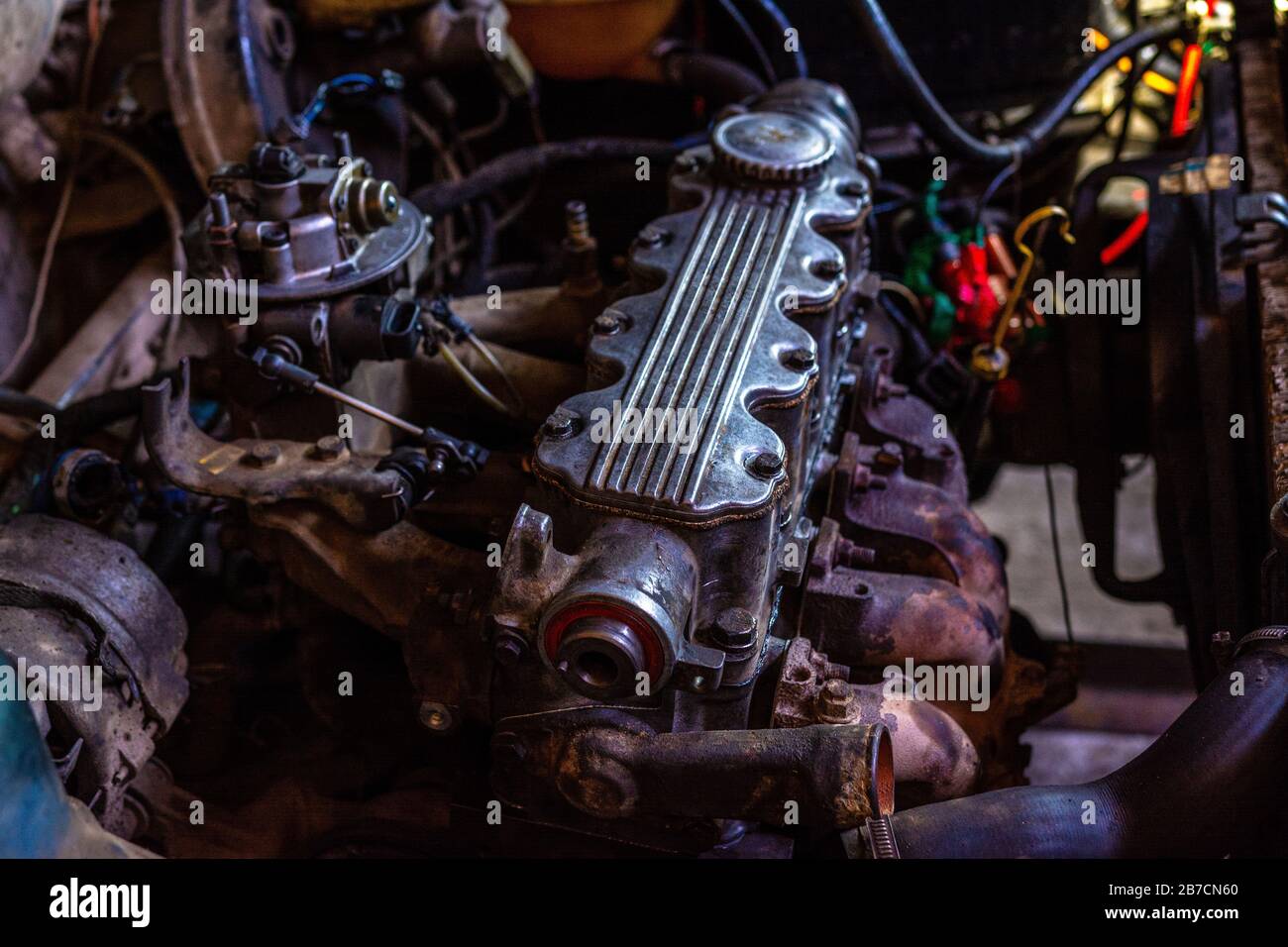 The modern engine of the European car is open for routine maintenance ...