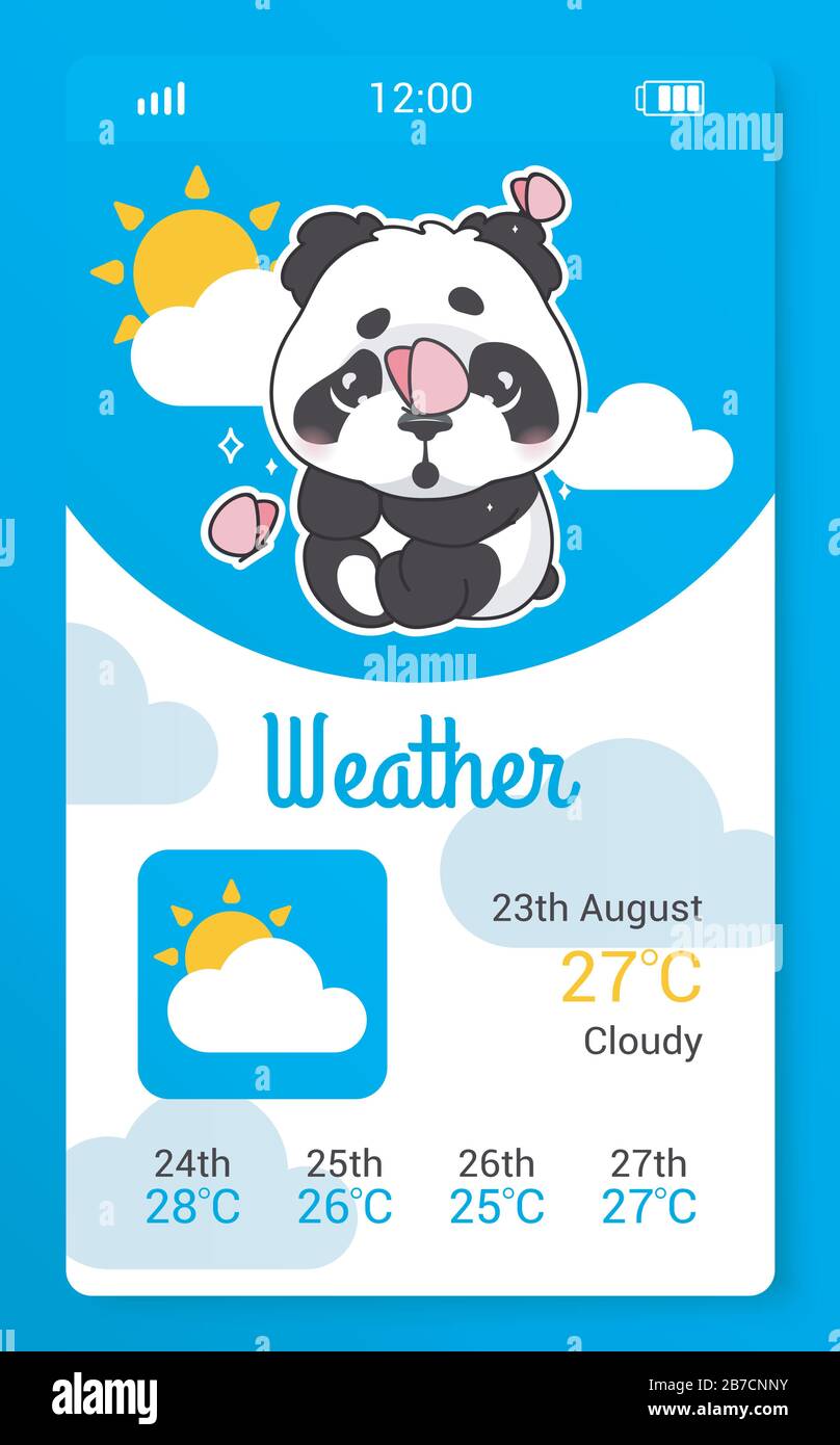 Weather forecast kids mobile app screen with cartoon kawaii character ...