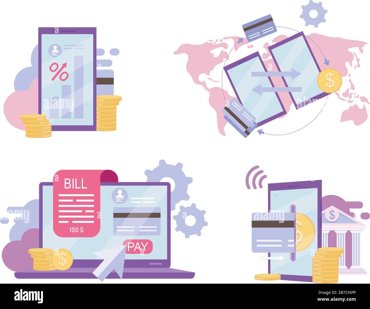 Online banking flat vector illustrations set. Deposit high interest ...