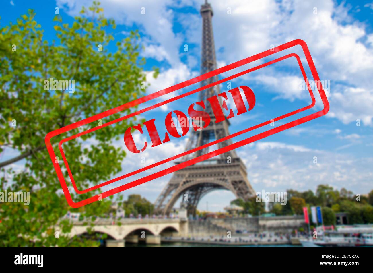 Closed sign with Eiffel tower in Paris, France. Warning about epidemic ...