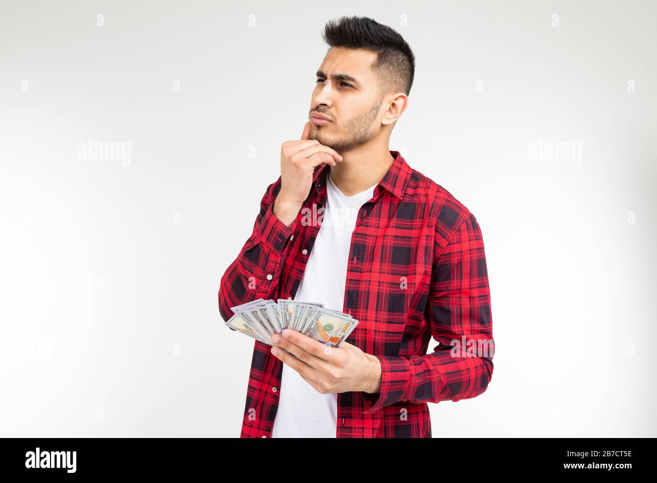 man received a cash prize on a white background with copy space Stock ...