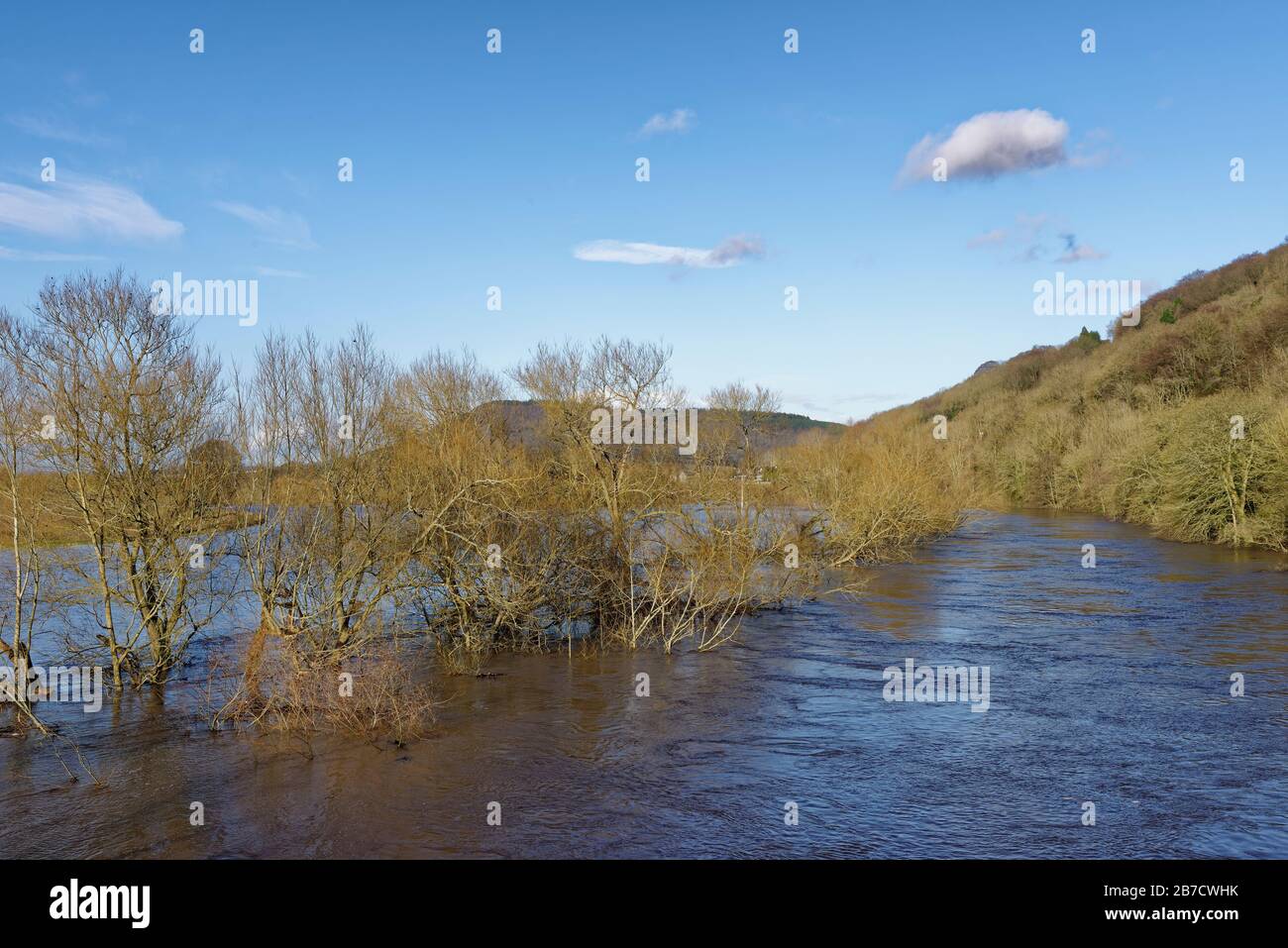 River Wye in flood viewed from Kerne Bridge near Ross-on-Wye ...