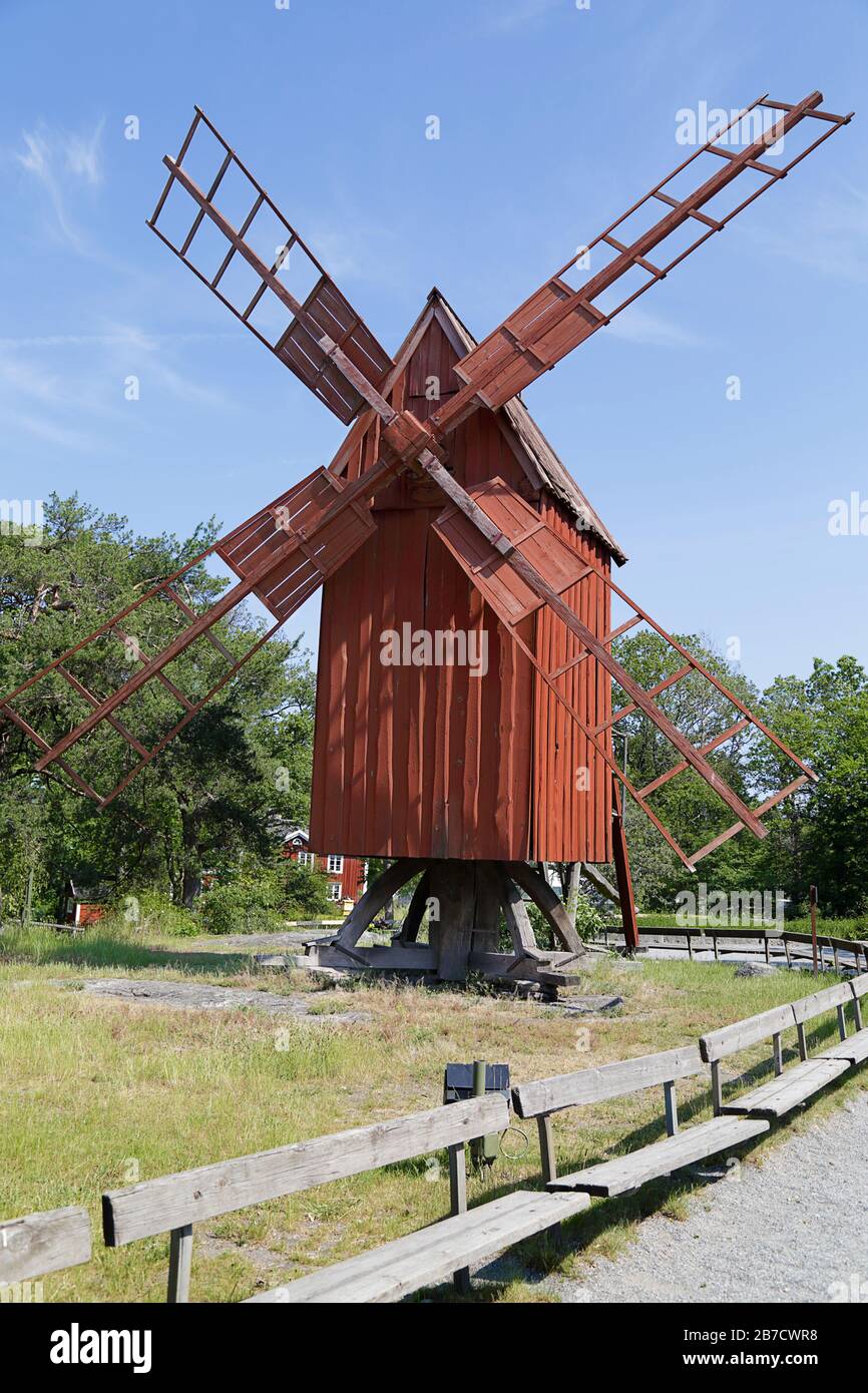 Traditional old red wooden windmill in Stockholm, Sweden Stock Photo ...